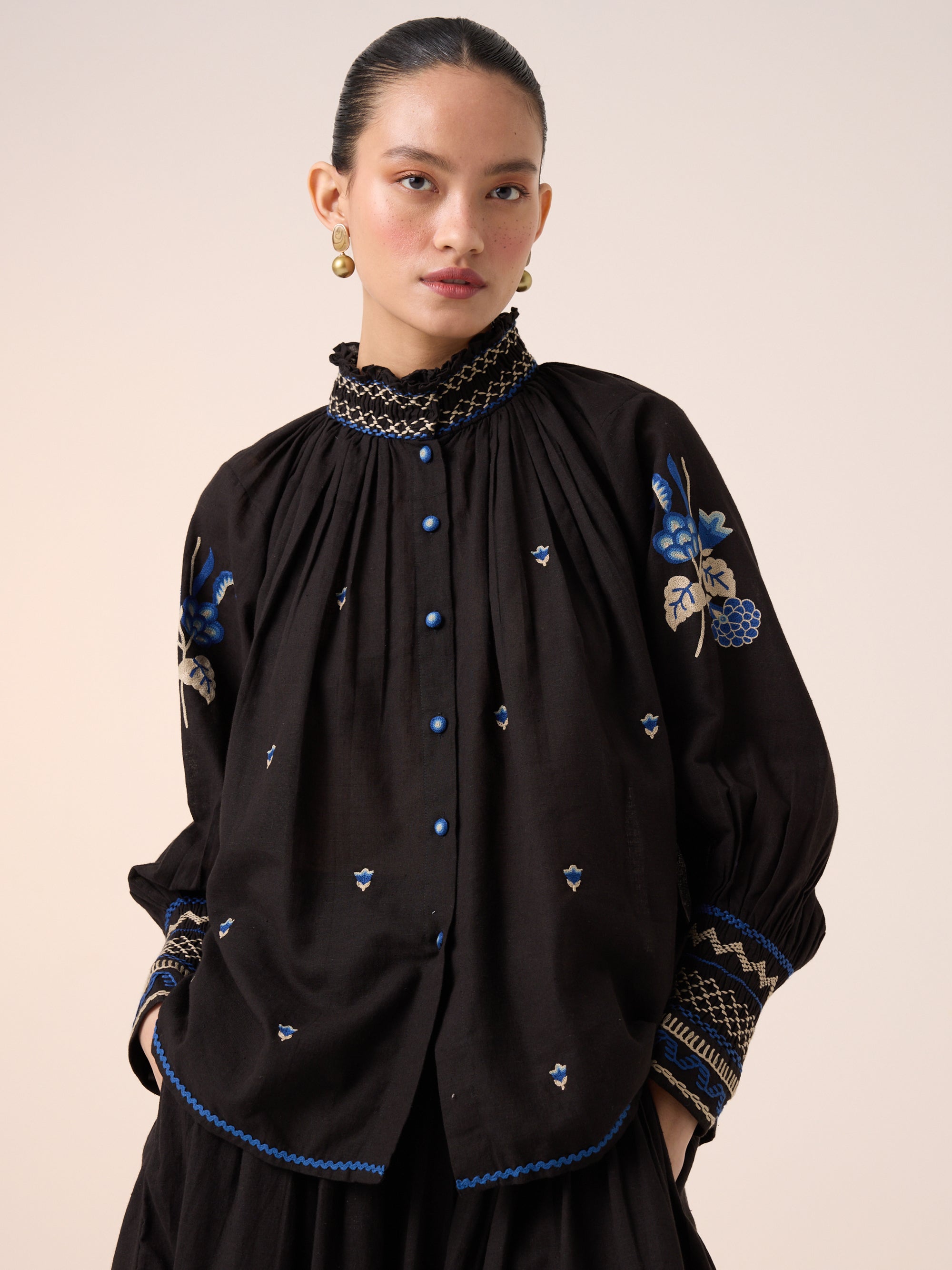 Farmer Top - Black Embroidery – Cord Studio