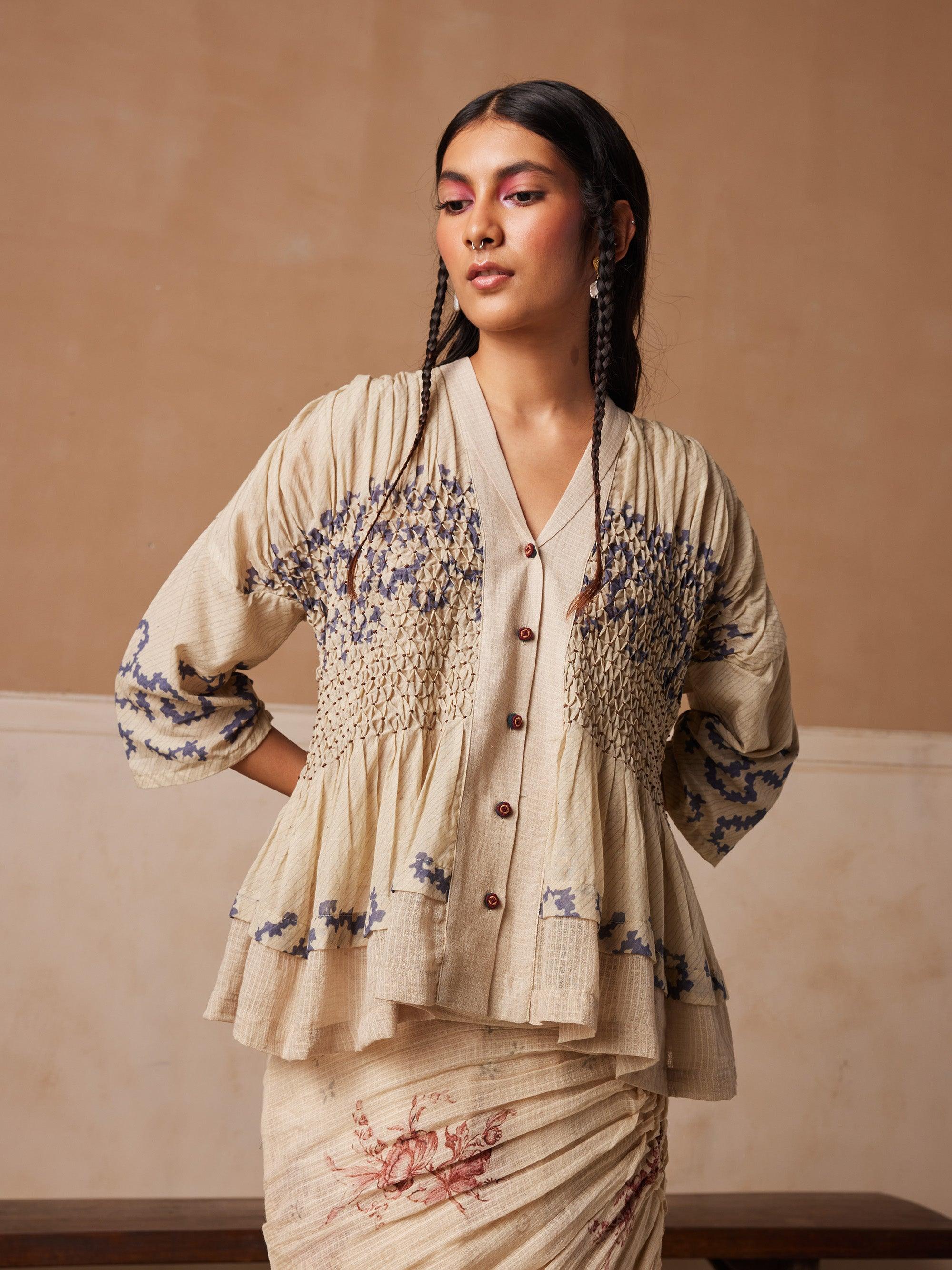 Button Up Mid Length V Veckline Spiral Printed Cotton Shirt Top – Cord Studio