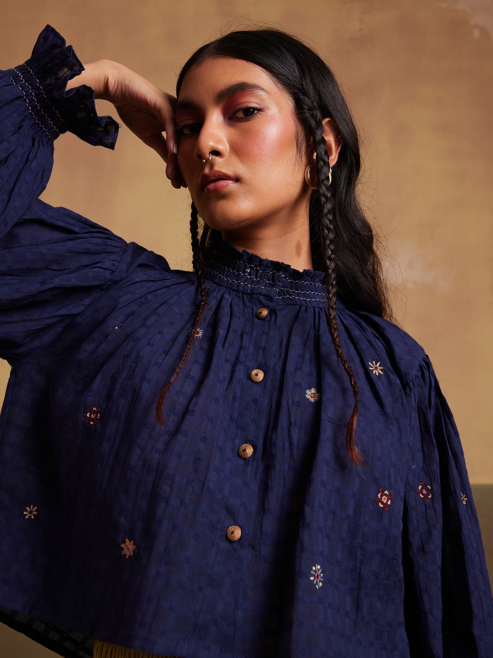 Elsa top | Hand Embroidered Cotton Short Top with Jewel neckline & long puff sleeves – Cord Studio