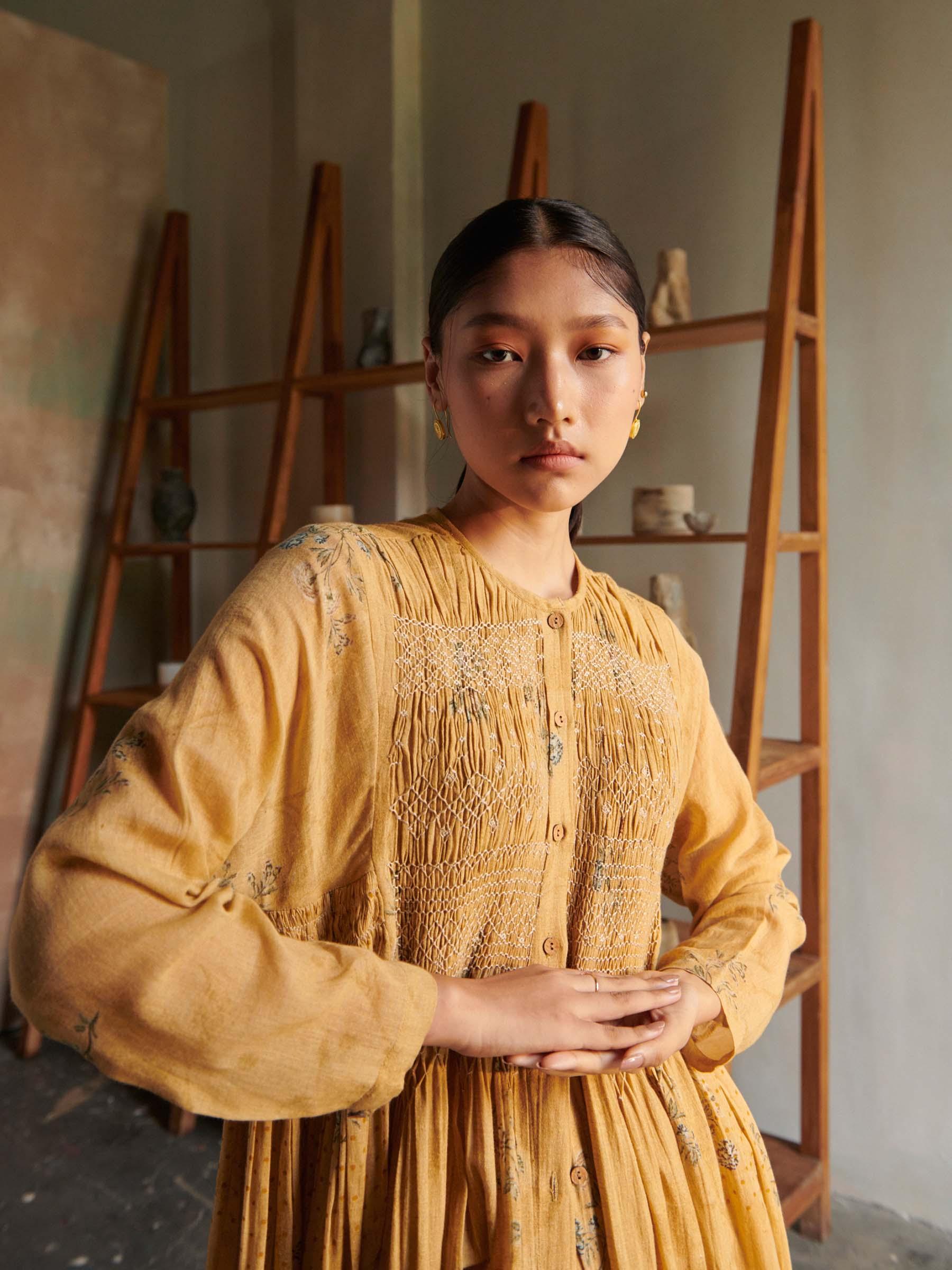 Frida Set | Yellow Cotton Printed Long Dress Online | Cord Studio