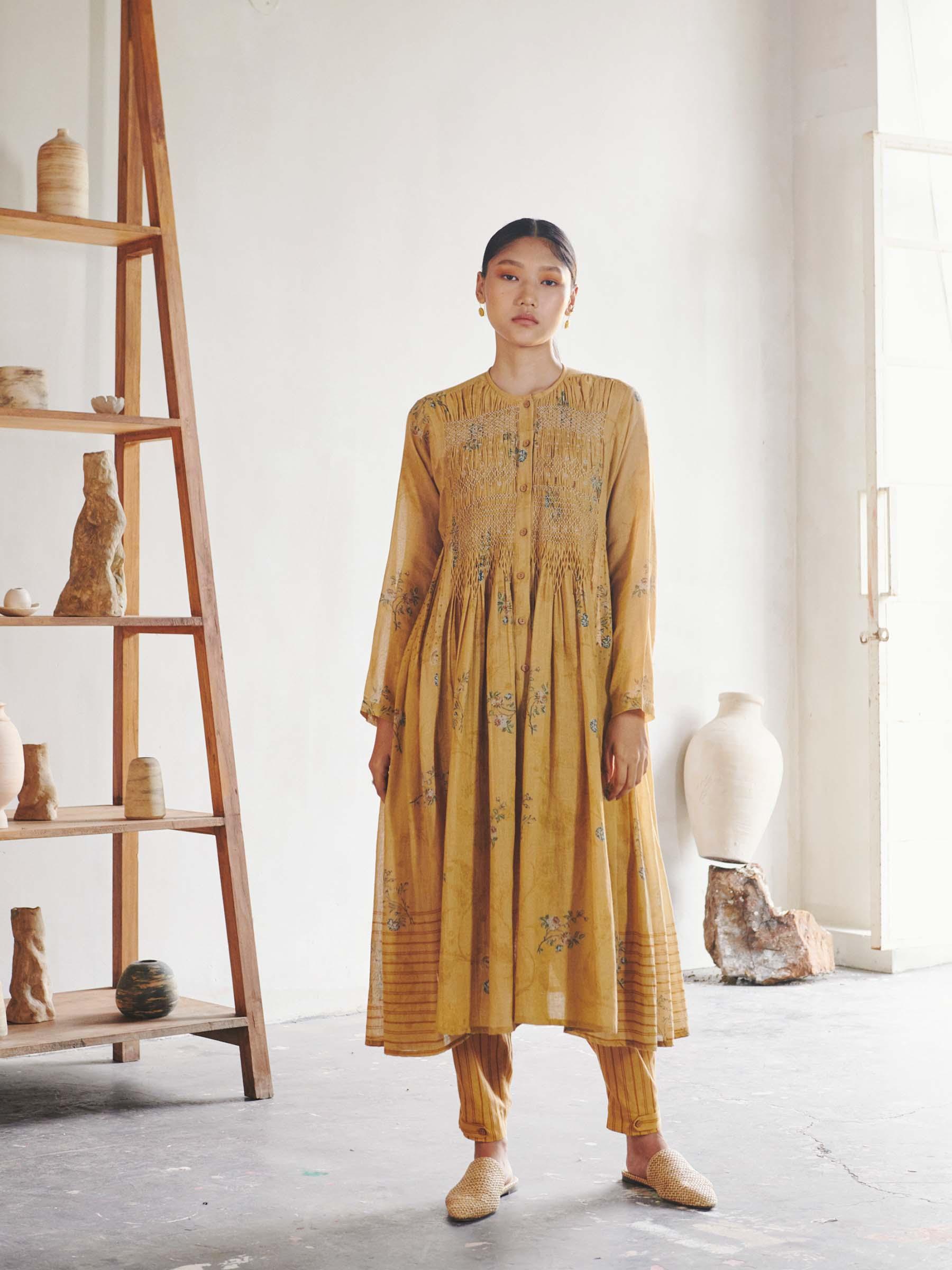 Frida Set | Yellow Cotton Printed Long Dress Online | Cord Studio
