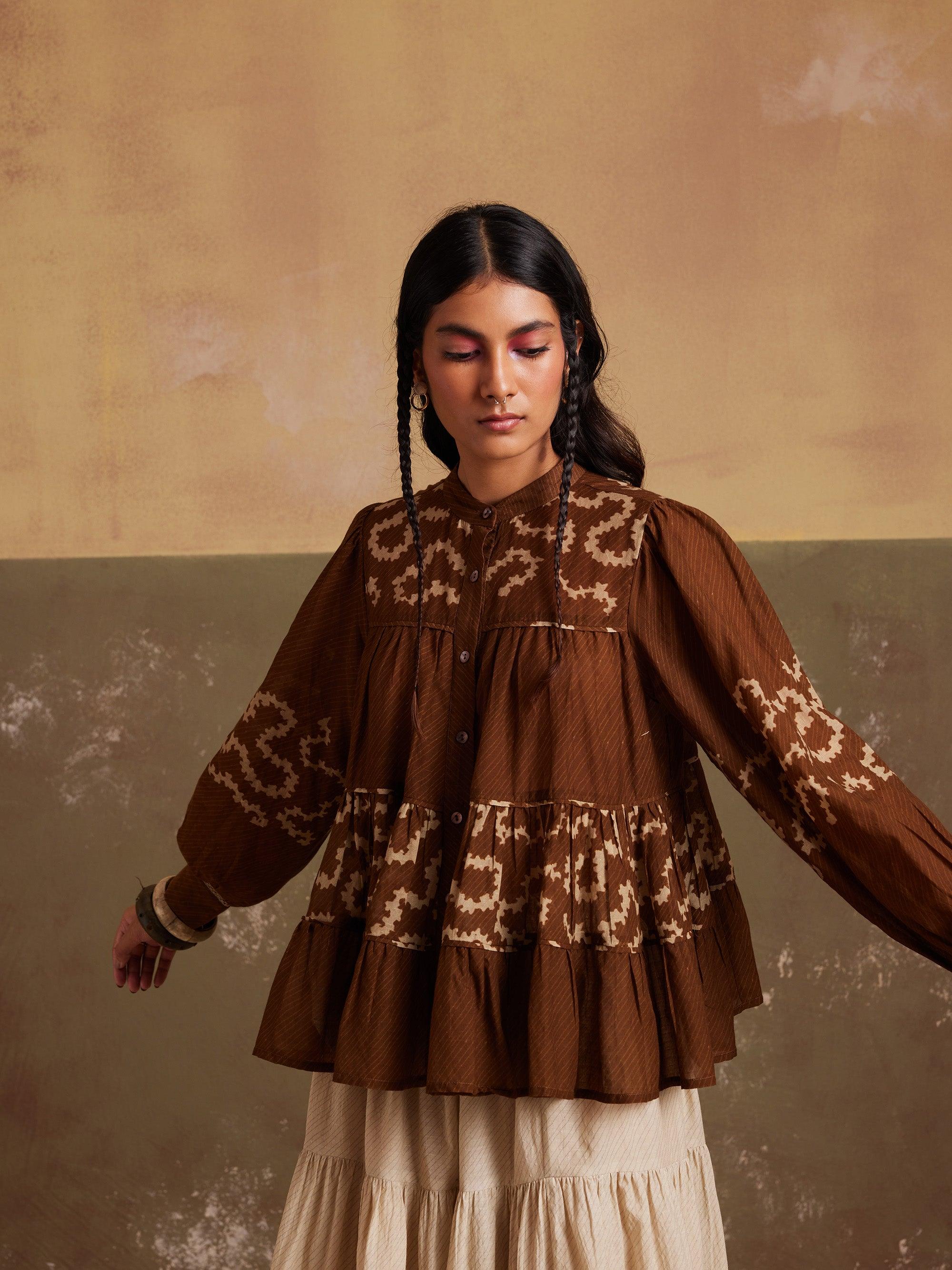 Spiral Print Button-up Cotton Tier Top With Long Sleeves – Cord Studio